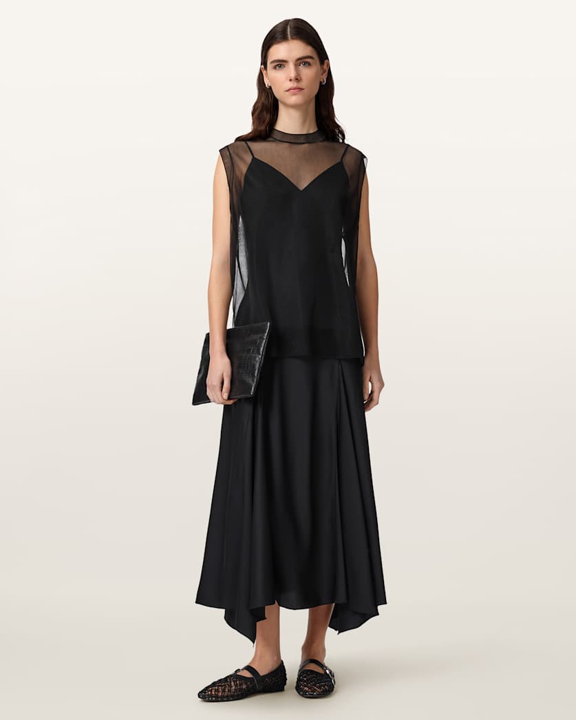 Ava Sleeveless Satin Midi Dress Black | ALLSAINTS